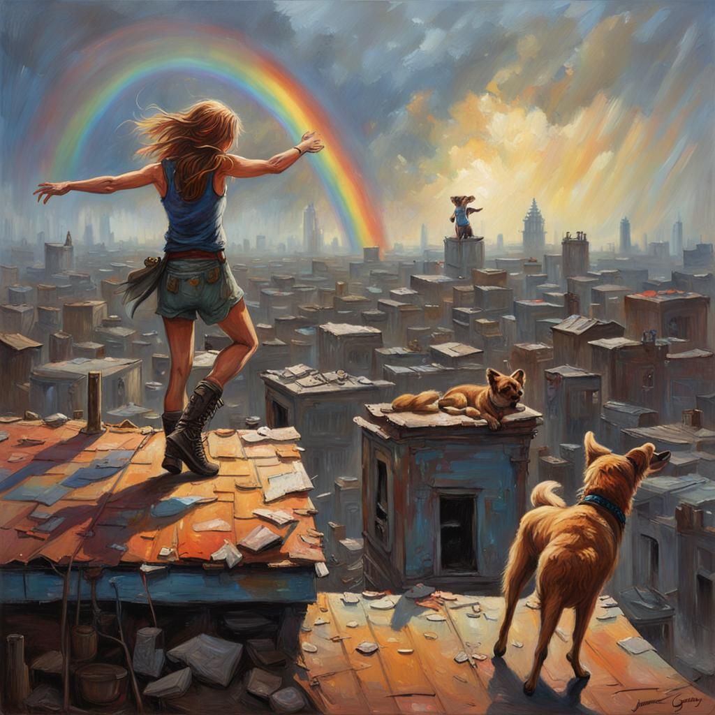 Girl and her dog dancing on the roof top of a ruined post apocalyptic ...