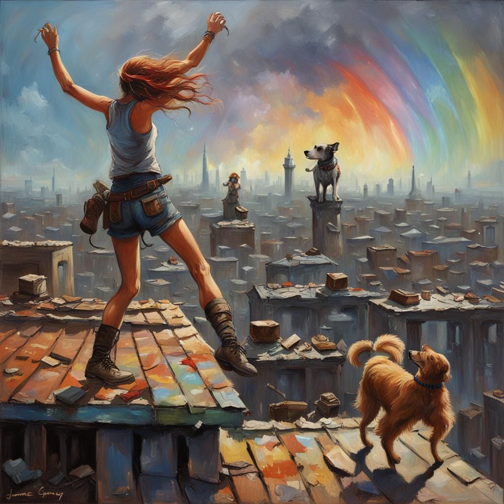Girl and her dog dancing on the roof top of a ruined post apocalyptic ...