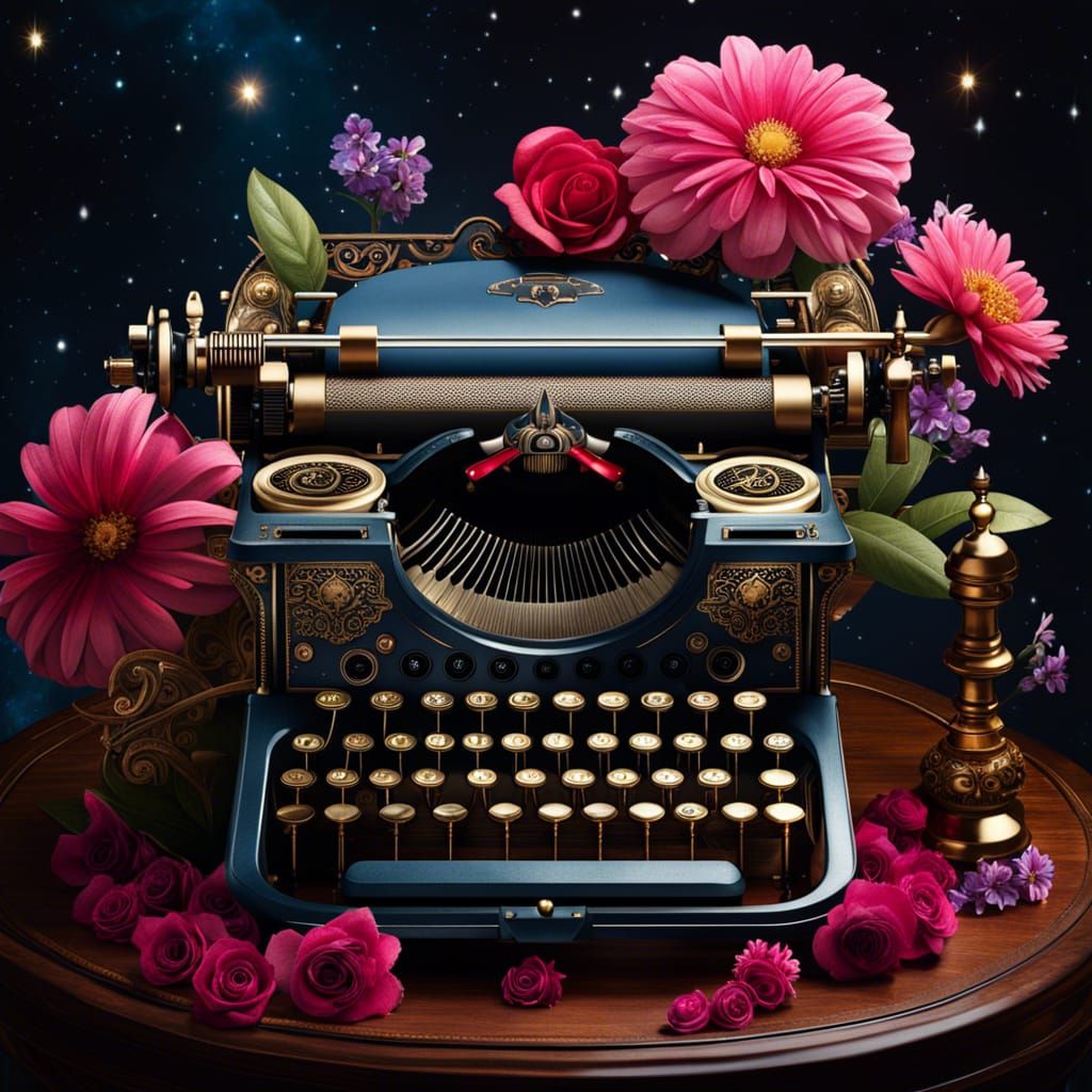 A Victorian typewriter and beautiful flowers, intricate, detailed ...