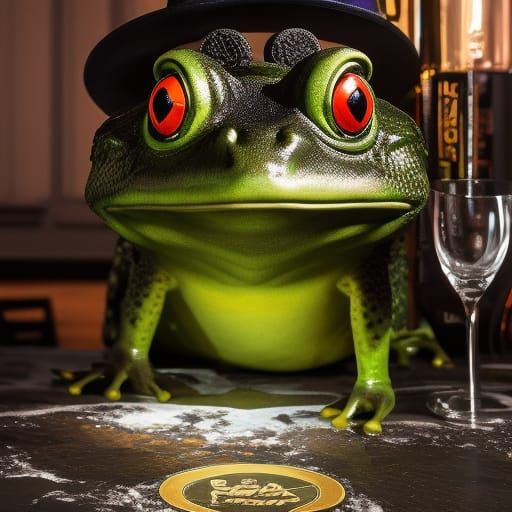 Frog as a noir detective heavy drinking whiskey at night café despair ...