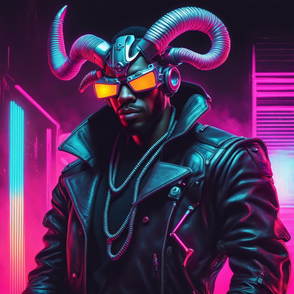 cyborg smuggler black male with bull horns, cyberpunk style ...