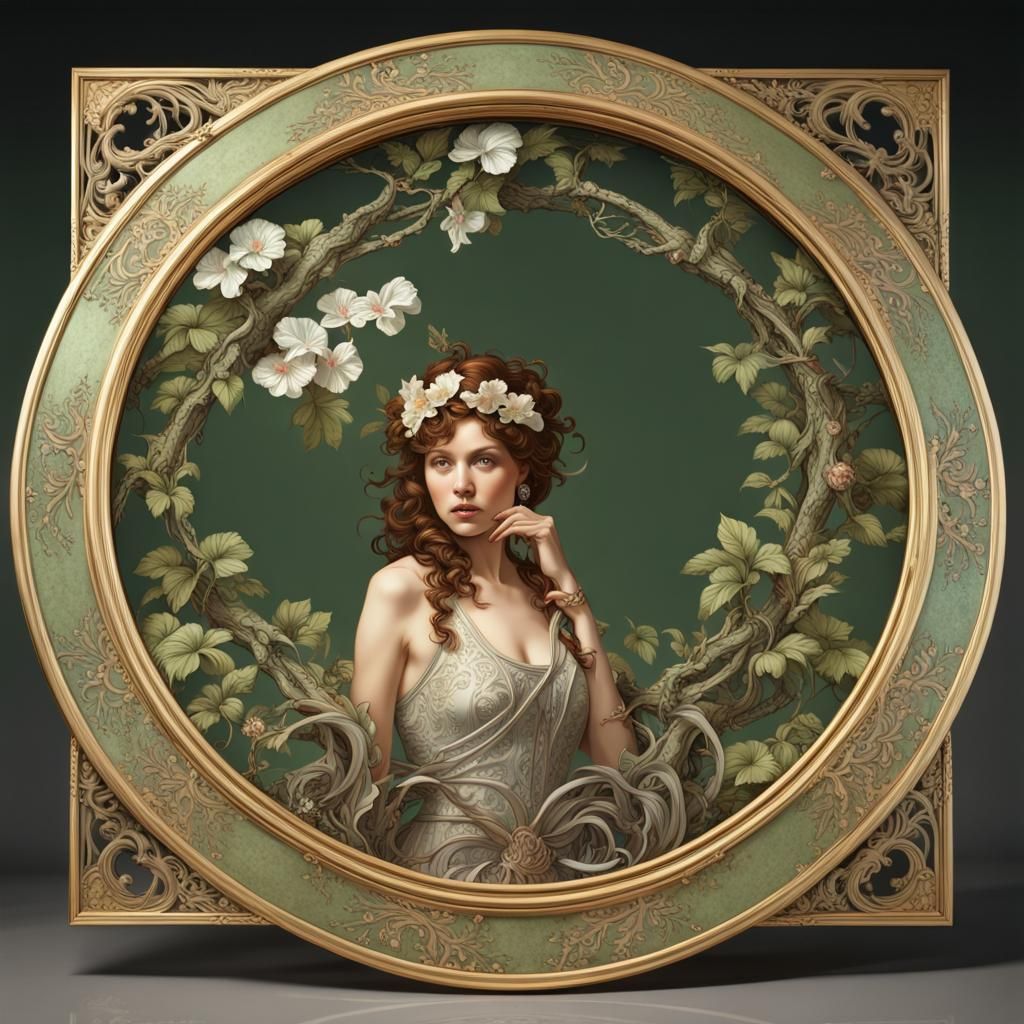 Round picture frame made up of intricate gold, silver and platinum ...