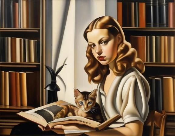 Tamara de Lempicka painting portrait of girl and tabby cat at a ...