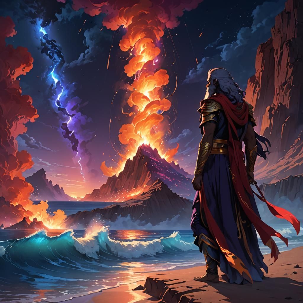 A Pillar of Fire Illuminates Moses' Determined Fac... - AI Art