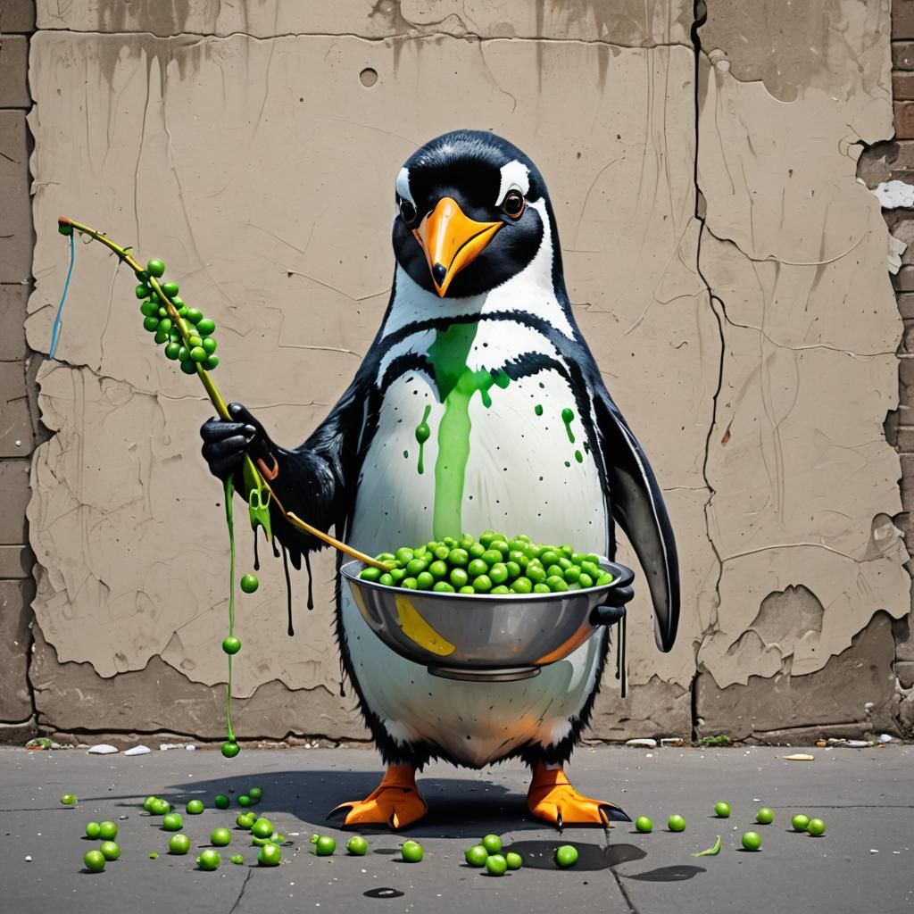 a penguin holding a bowl of green peas, standing next to a banana ...