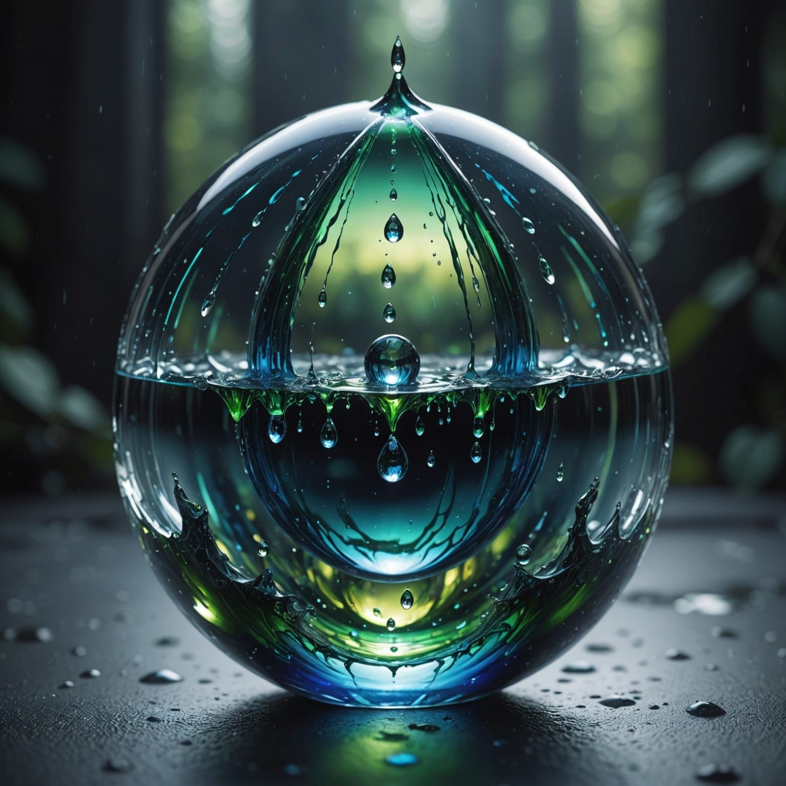 Emerald and Indigo Glass Droplet Reveals Hidden Re... - AI Art