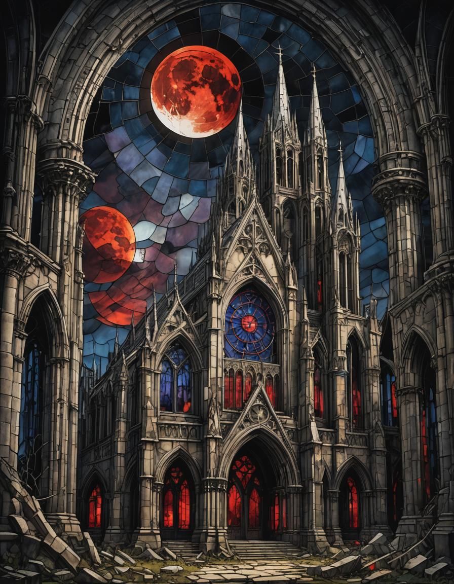 dark gothic blood moon celestial cathedral ruins stained glass - AI ...