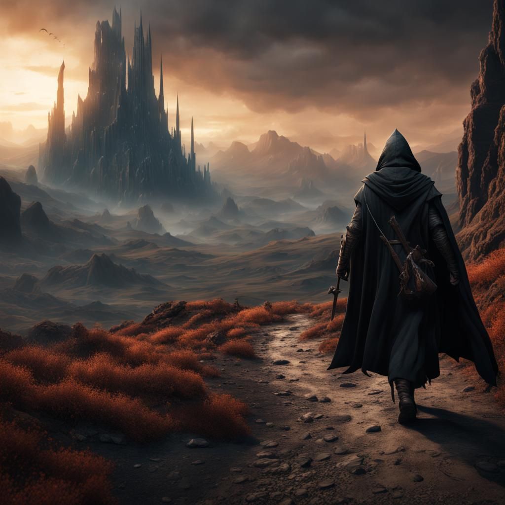 Dark, hooded wizard traveling through the depths of mordor - AI ...