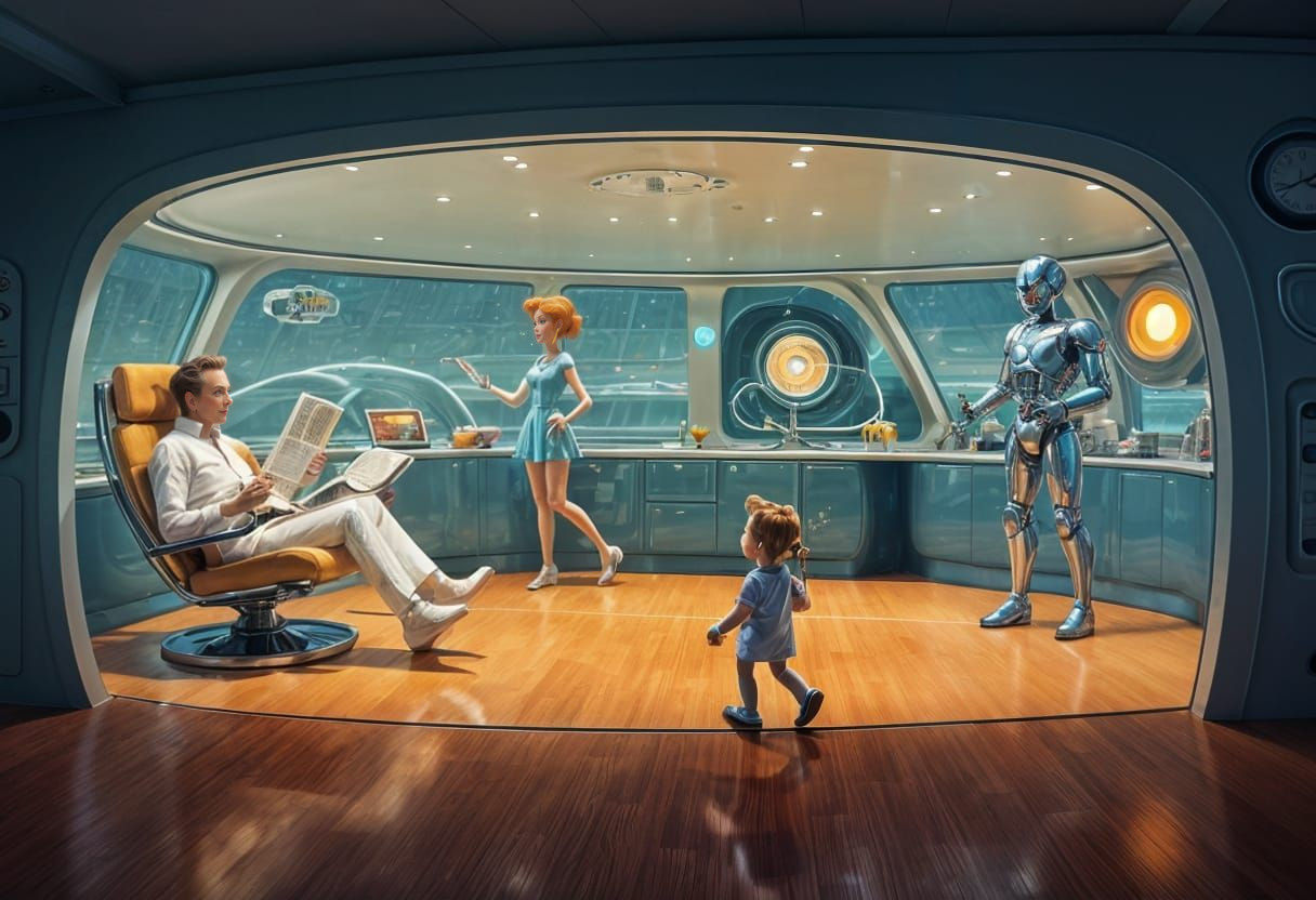 Family Life Circa 2025 - Futuristic Family Scene in a Retro-...