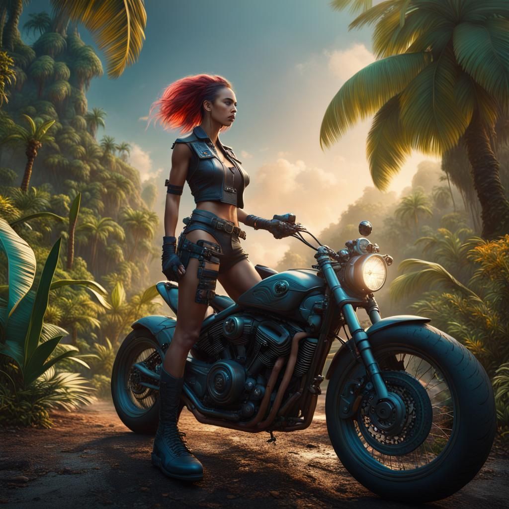 Biker girl in the tropics - AI Generated Artwork - NightCafe Creator