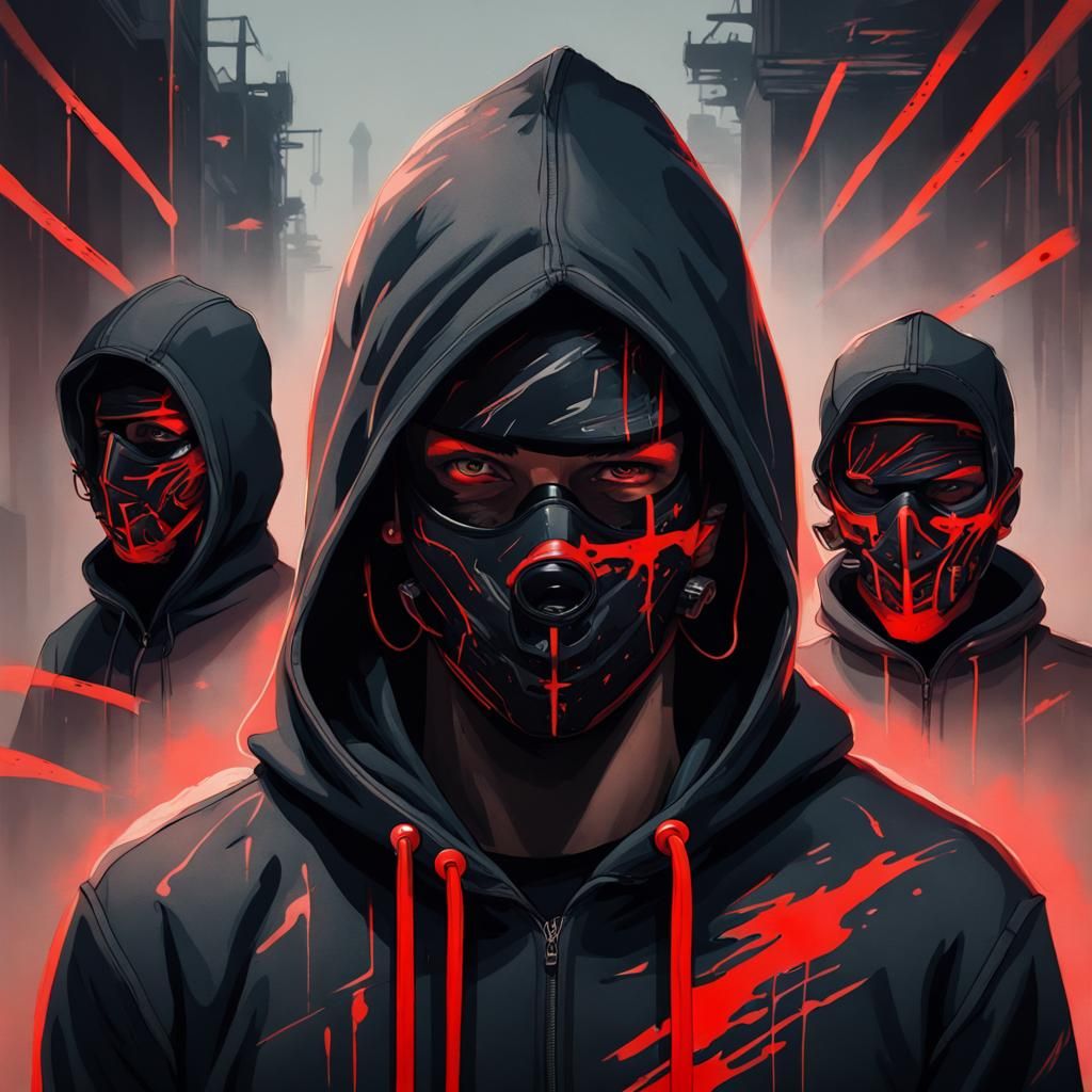 young man, black full-face mask with red scratches painted on it ...