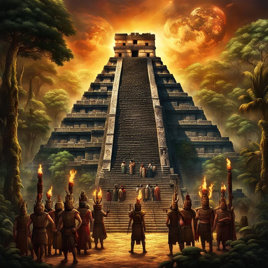 The Maya civilization, chichen itza pyramid, jungle, trees, stars ...