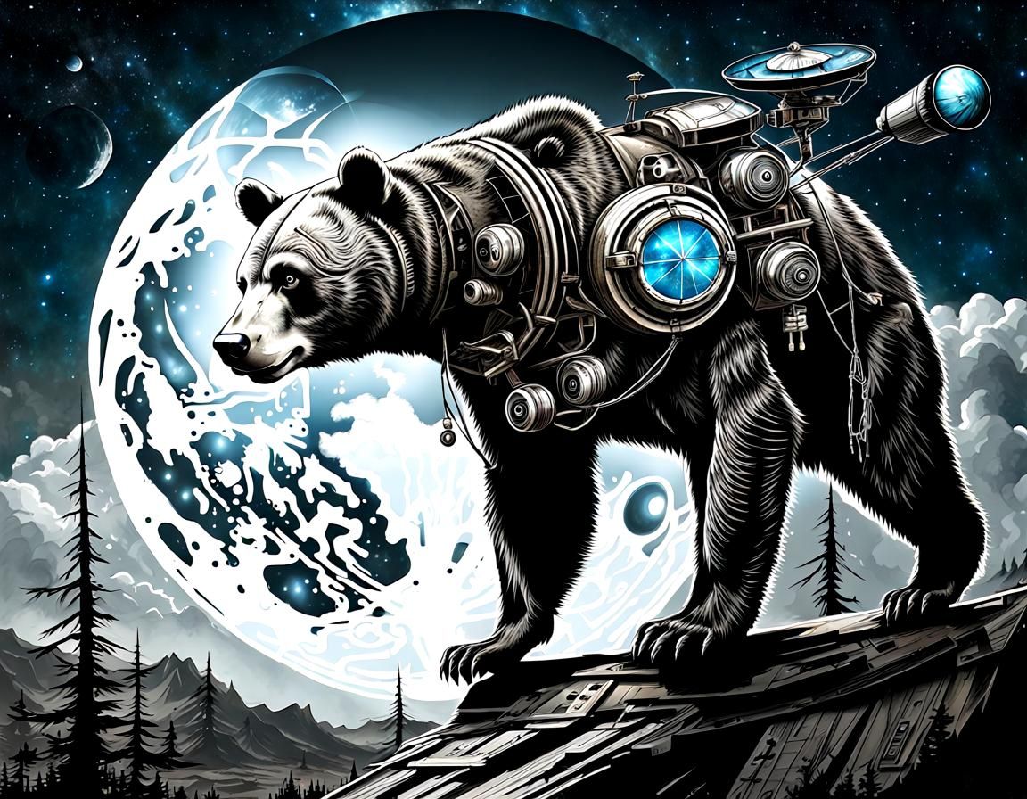 Shardik, cyborg bear with satellite dish on head and limbs that are ...