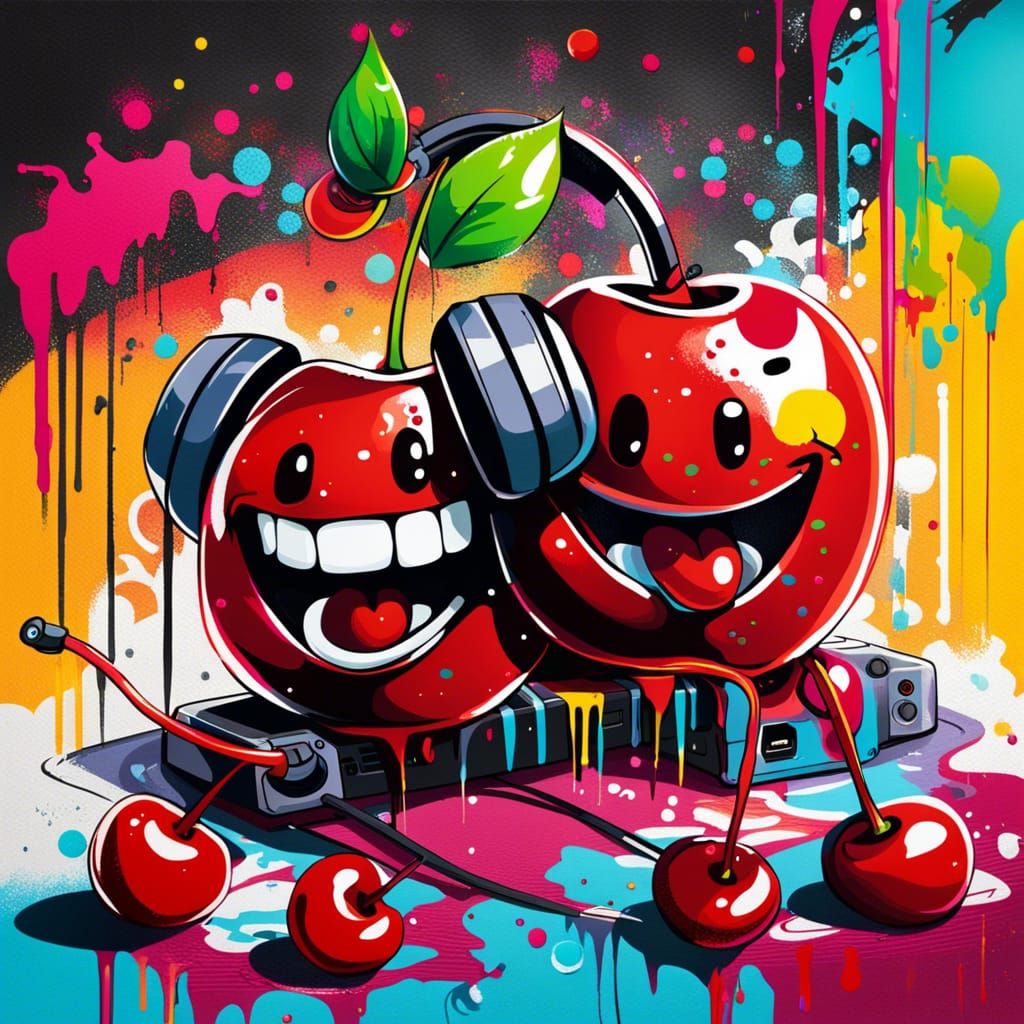 Smiling Cherries playing PlayStation games, wearing gaming headphones ...