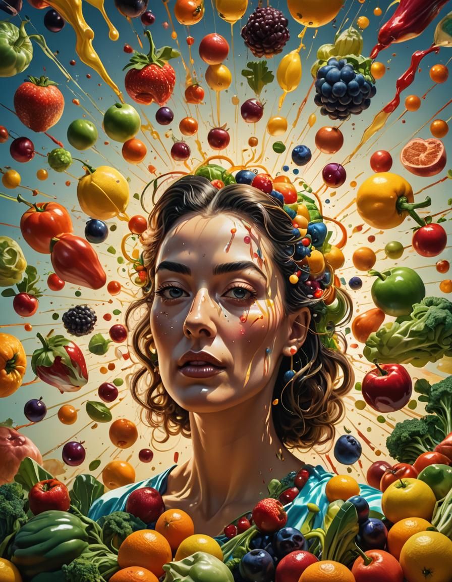 beautiful young woman spilling with colorful fruits and vegetables ...