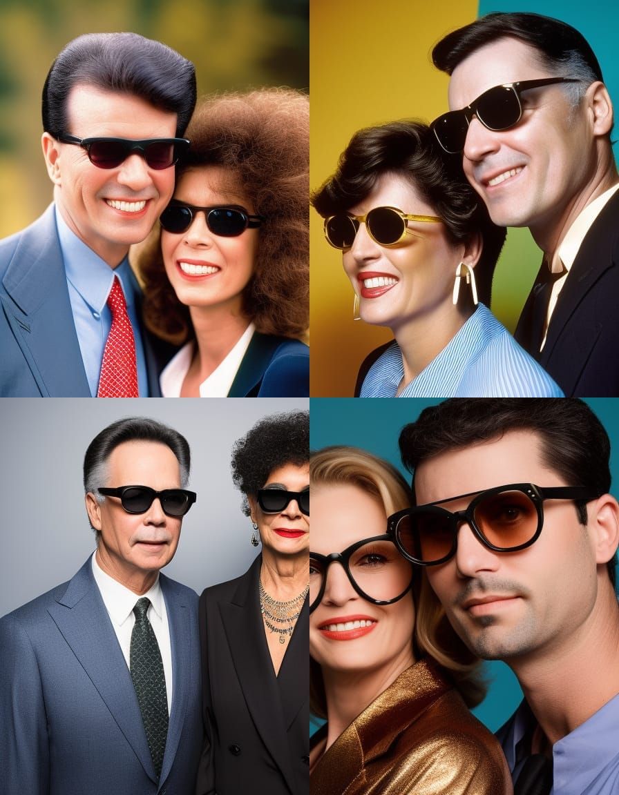 80s portrait of a yougn man and woman smiling wearing dark glasses ...