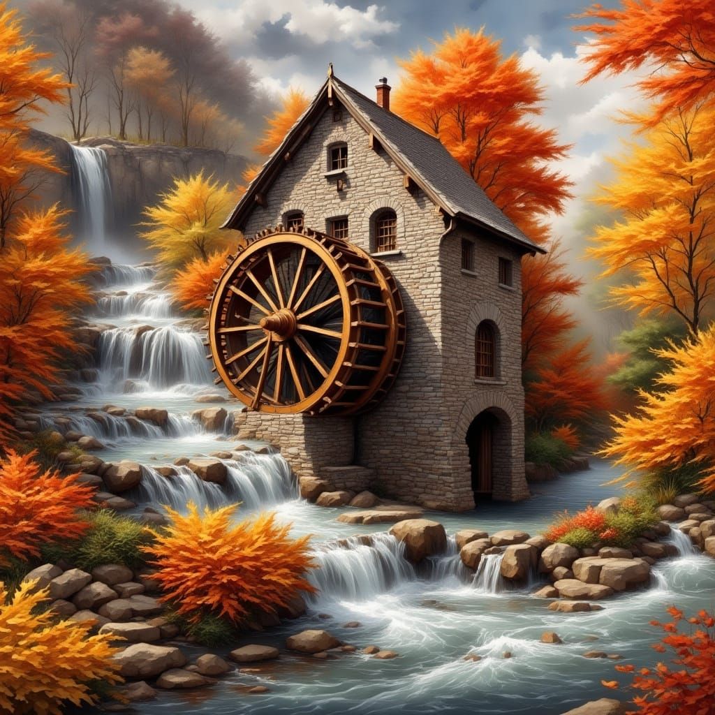 German Waterwheel in Autumn: Classic Era Gray Bric... - AI Art