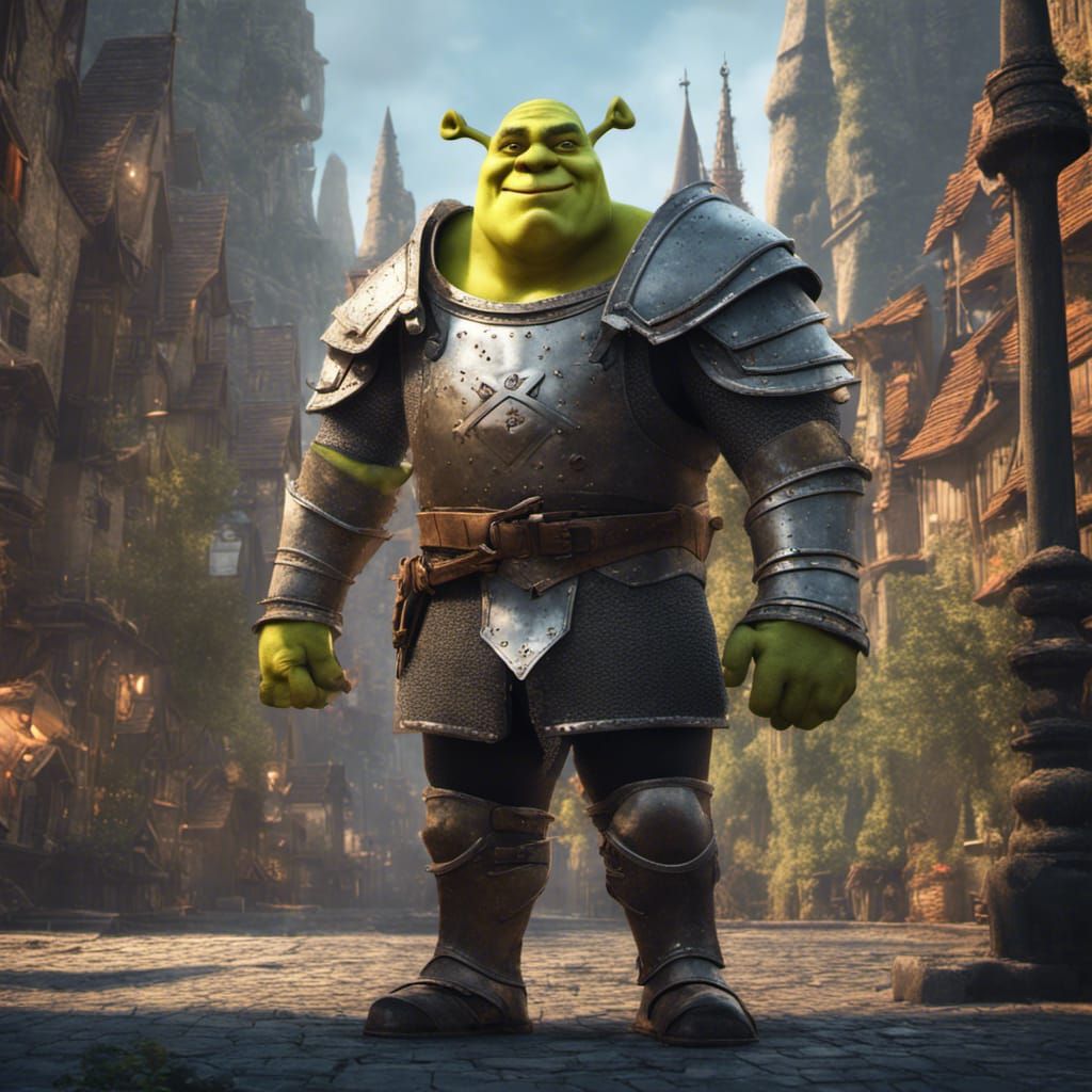 Shrek in knight armor in a futuristic city - AI Generated Artwork ...