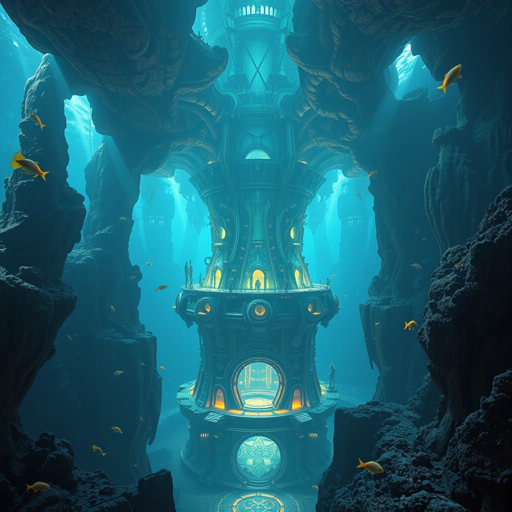 Subnautica-Inspired Vortex Tower City, an Underwat... - AI Art