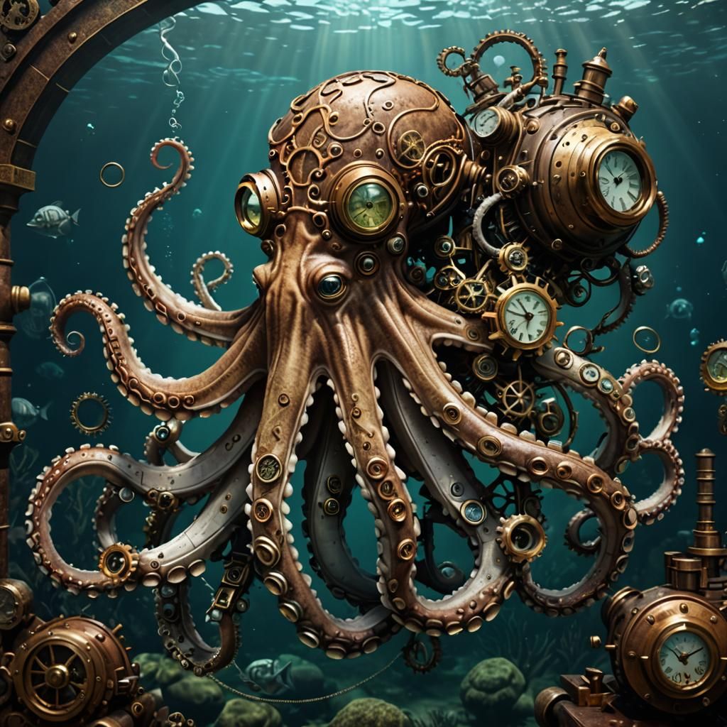 A (steampunk, clockwork octopus). Underwater. Photorealistic. - AI ...