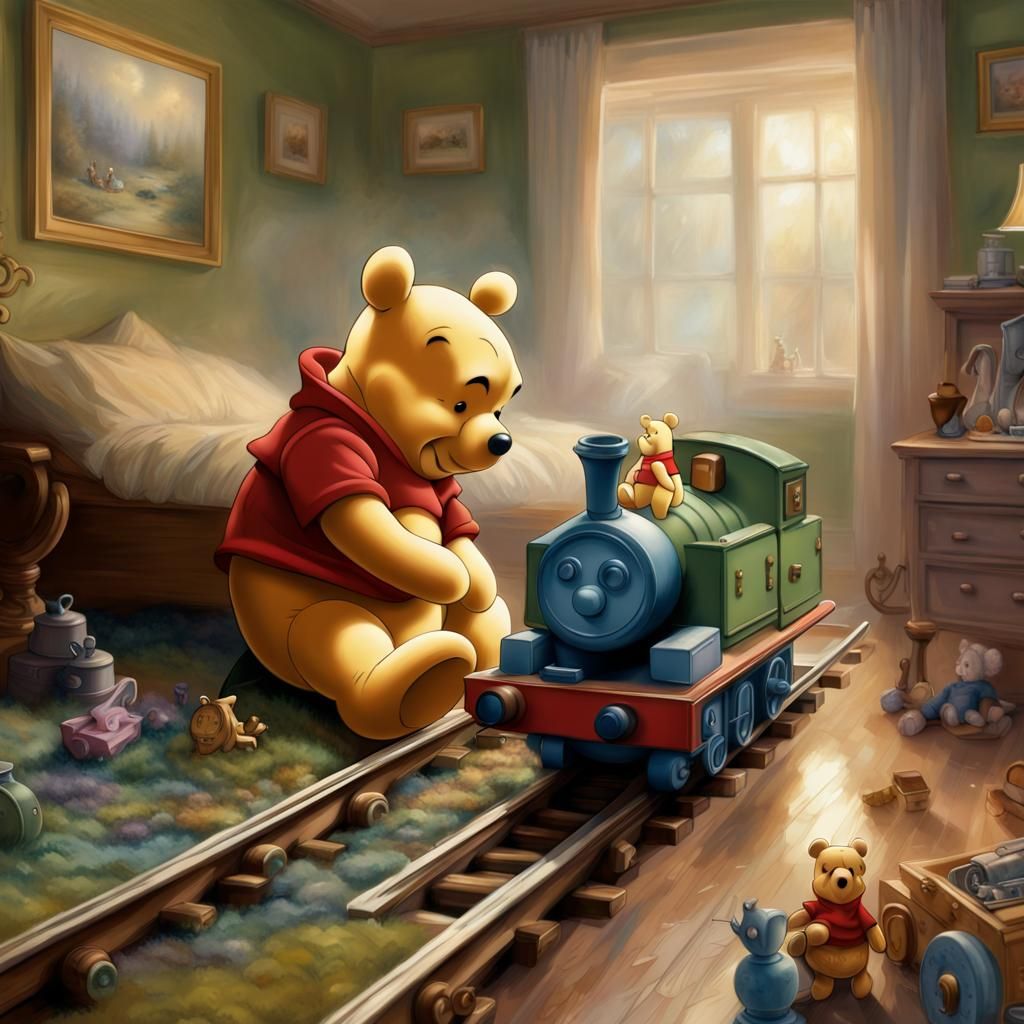 Winnie the Pooh playing with an toy train set - AI Generated Artwork ...