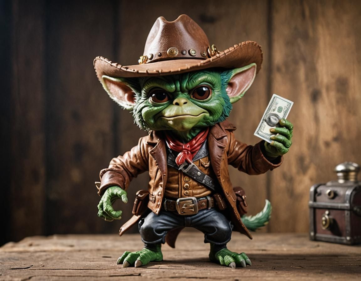 Gremlin cowboy outlaw, holding up a wild-west-style bank, professional ...