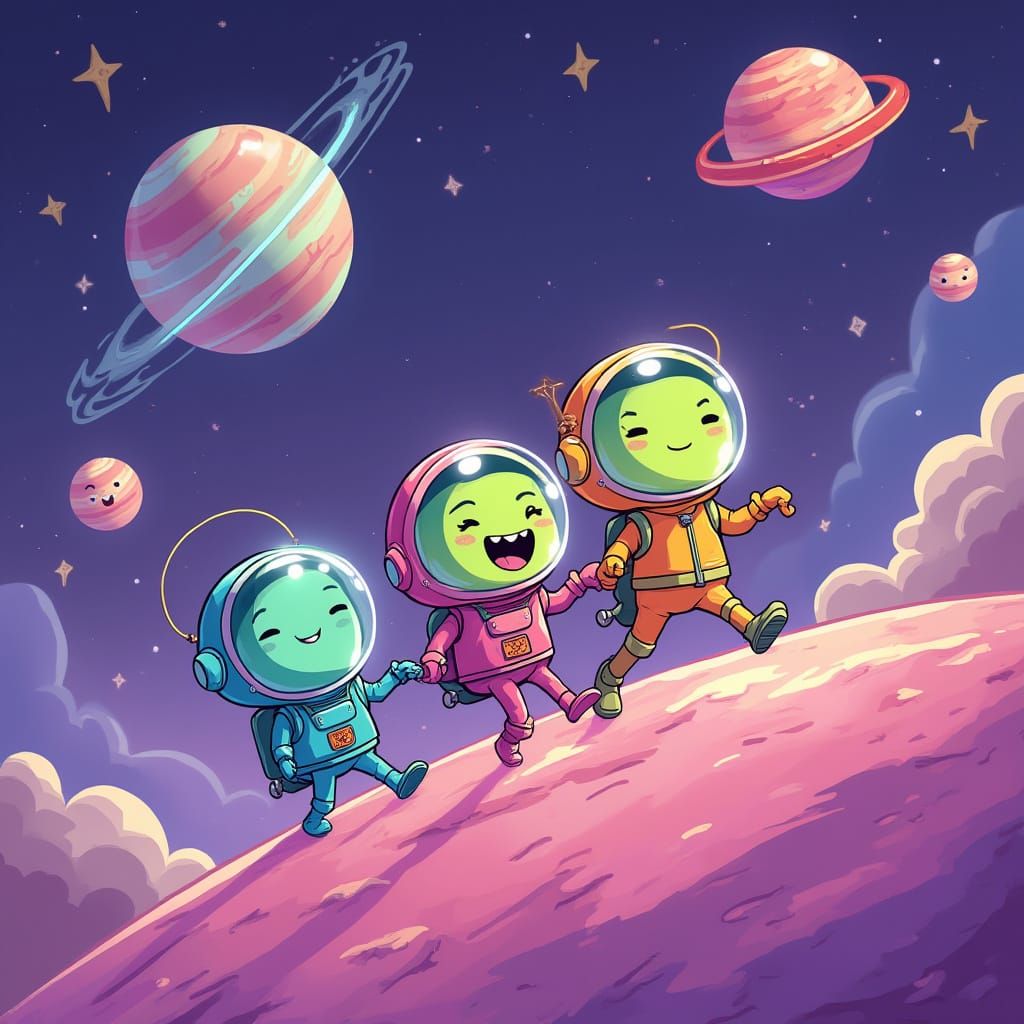 Happy Aliens Explore Cosmic Adventure in Vibrant C... - AI Art