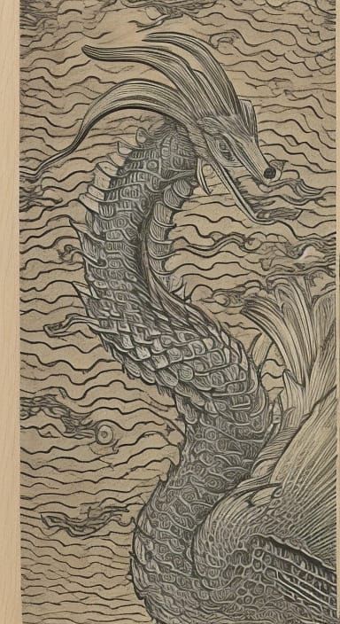 Japanese Woodblock Style Drawing of Hydra King Ghi... - AI Art