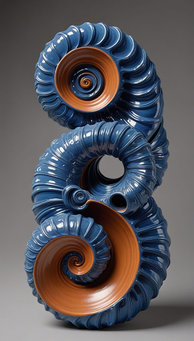 Spiraling blue void; made of shiny glazed clay; glistening
