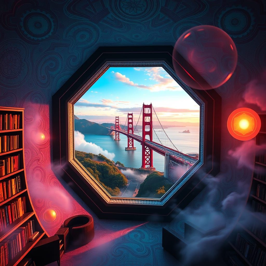 Psychedelic Library with Hexagonal Window and Gold... - AI Art
