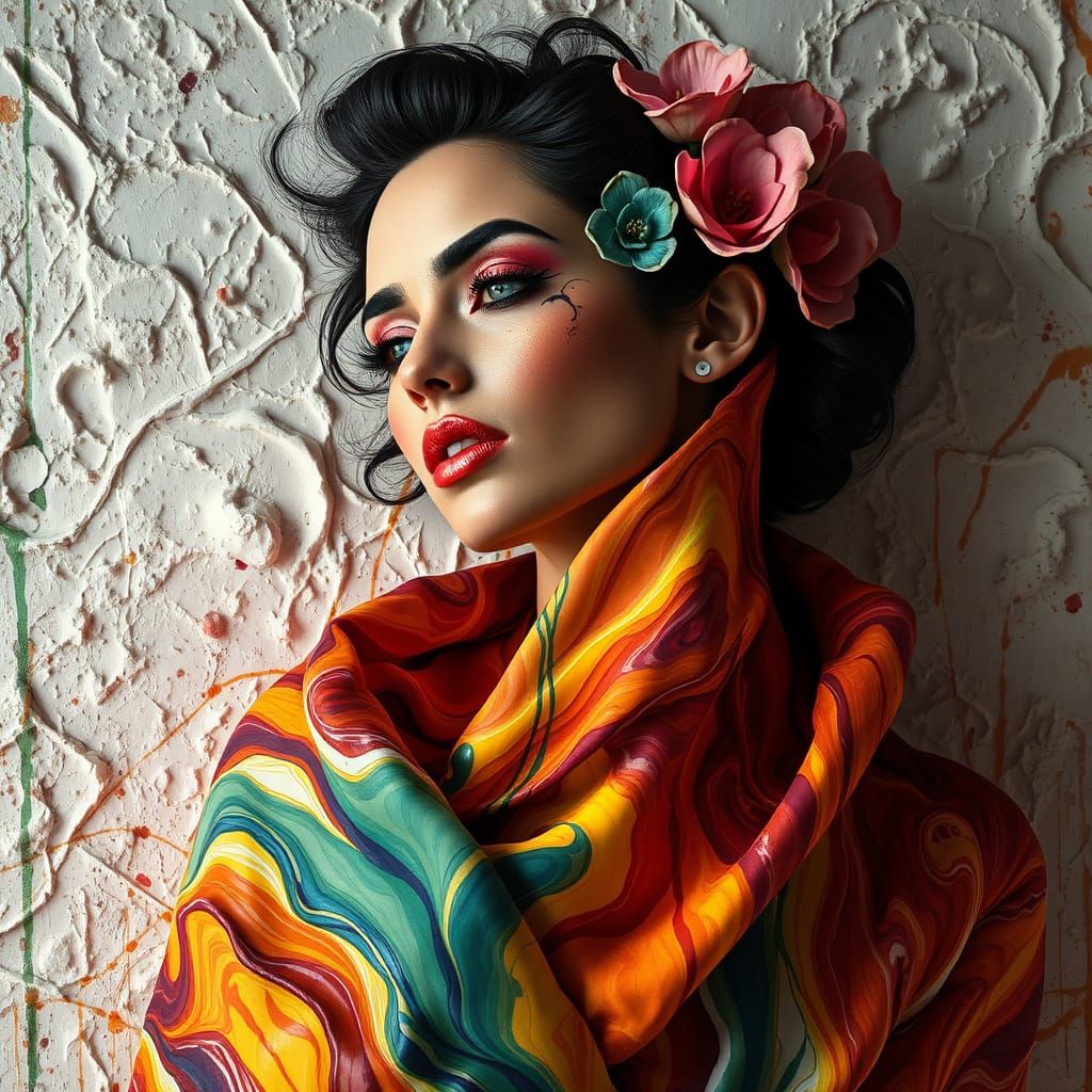 Vibrant Muse with Dripping Paint Garments and Embo... - AI Art