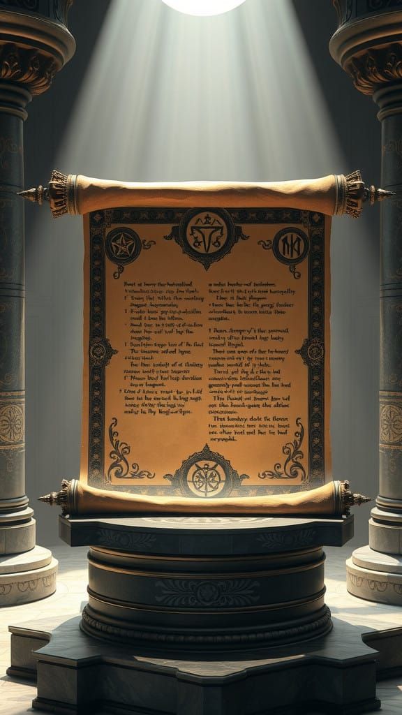 Ancient Holy Scroll Unfolds in Mystical Chamber - AI Art