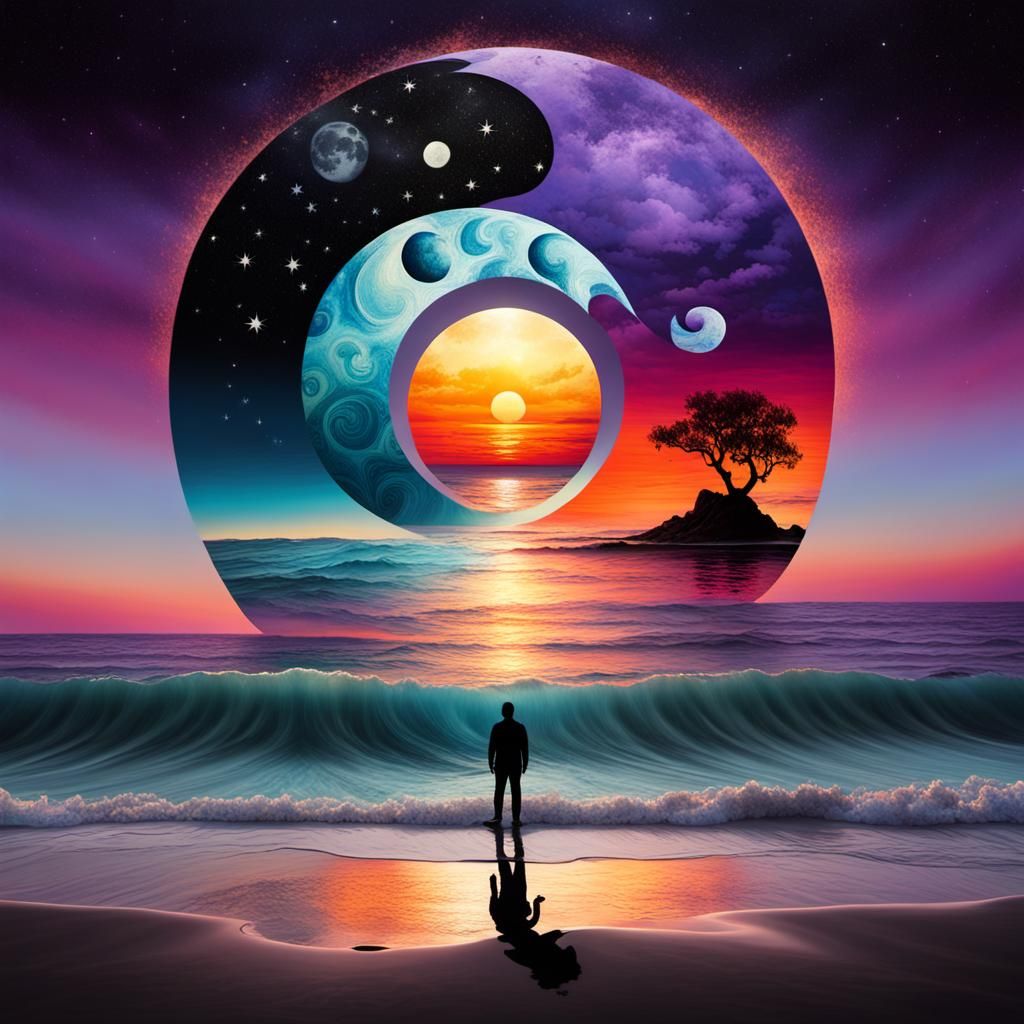 Surreal sun moon double exposure Yin Yang (Dimensional Vibrant Beach ...