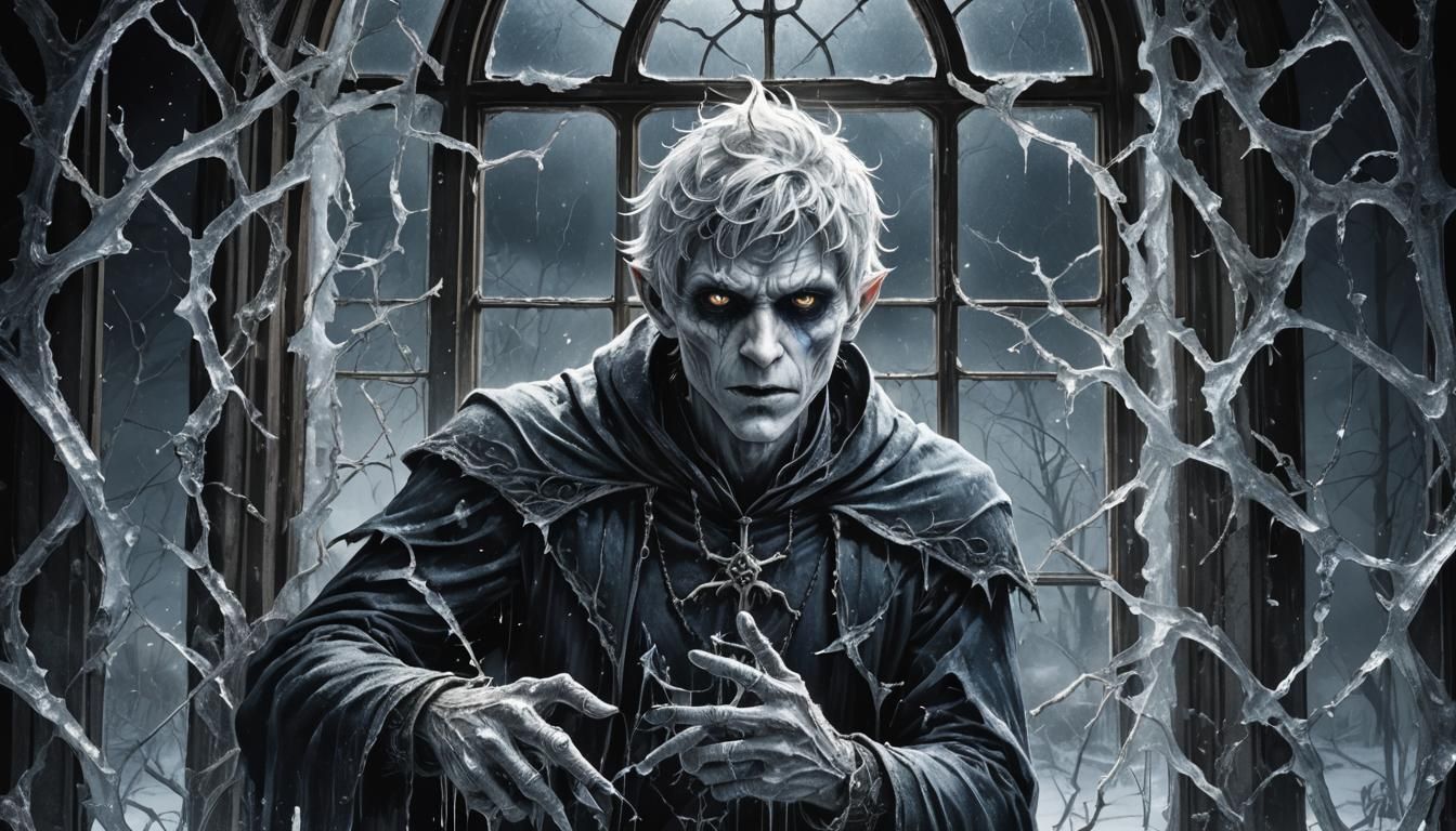 creepy jack-frost creating ice on dark gothic window icey horror - AI ...