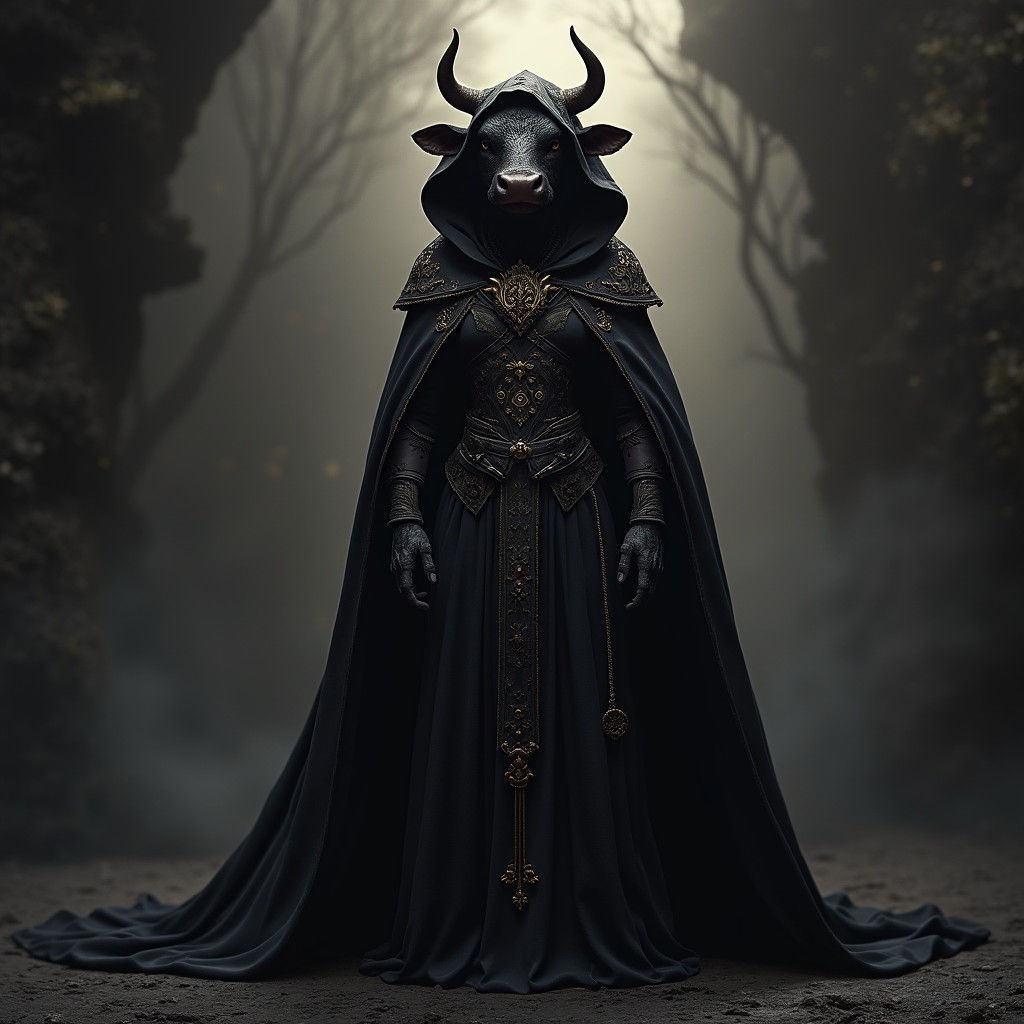 Dark Fantasy Cow in Black Robes, Majestic and Myst... - AI Art