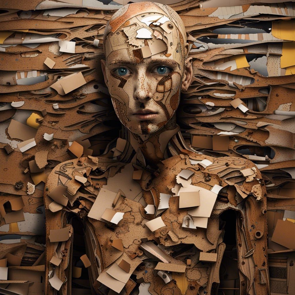 Packing-Cardboard, sellotape, Paper-collage, cut jagged, mosaic-eyes; concertina-radial-parasite ...