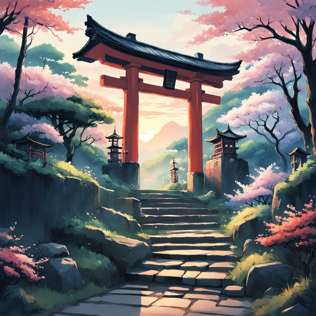 A serene anime shrine - Anime-Inspired Shrine in Soft Sunse...