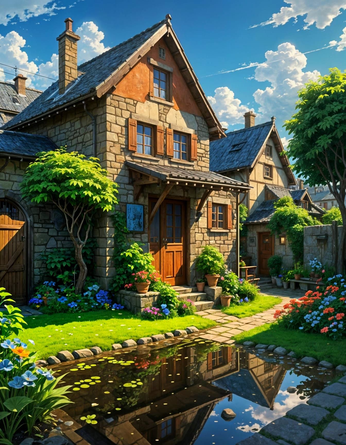 Sunny backyard - Vibrant European Town Garden under Sunny Sk...