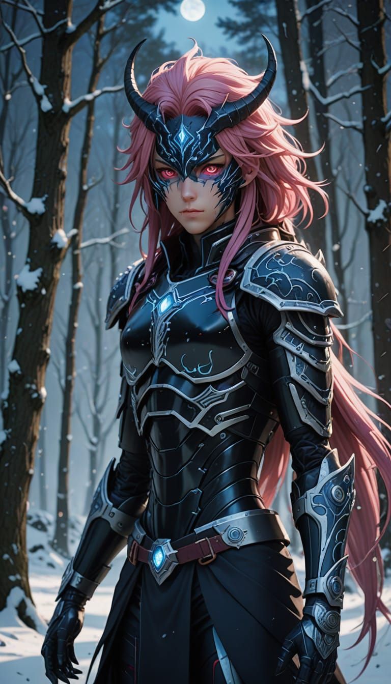 Elegant Upper Moon Demons Confront in Snowy Forest - AI Art