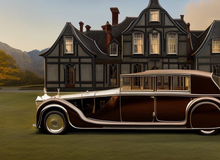 ornate complex antique steampunk Rolls Royce parked in front of an ...