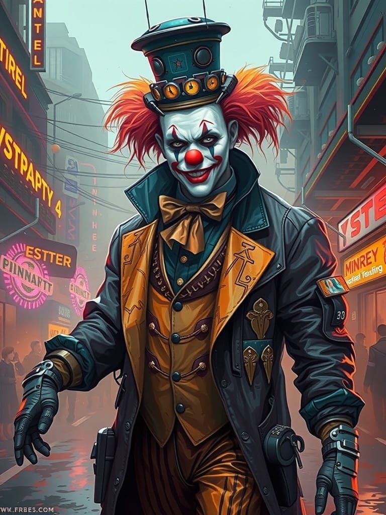 Glowing Cyberpunk Clown Illuminates Futuristic Cit... - AI Art