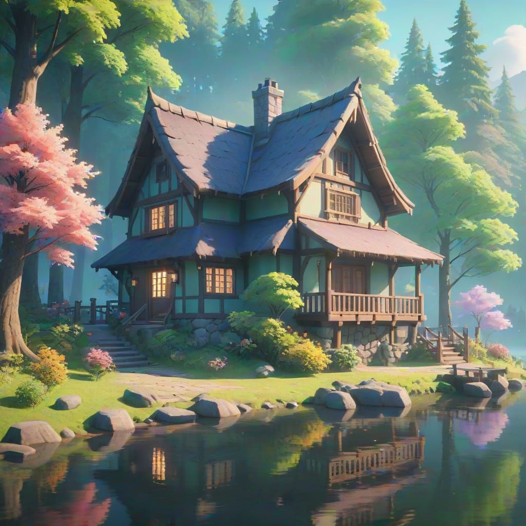 Forest Cottage by Lake in Anime Style - AI Art