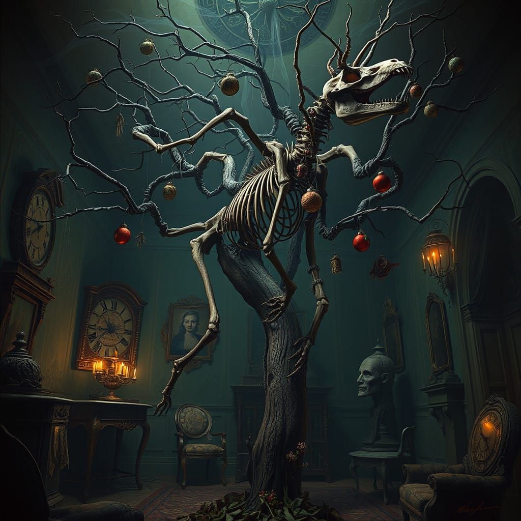 sinister animal sceleton christmas tree at the room of lost dreams