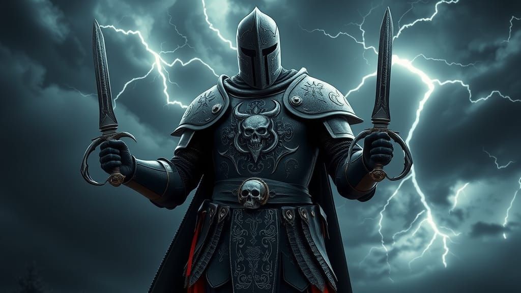 Knight in Scorpio Armor Wields Twin Skull-Hilted C... - AI Art