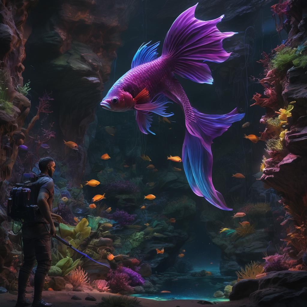 ultraviolet fish tank with a diver and treasu... - AI Generated Artwork ...