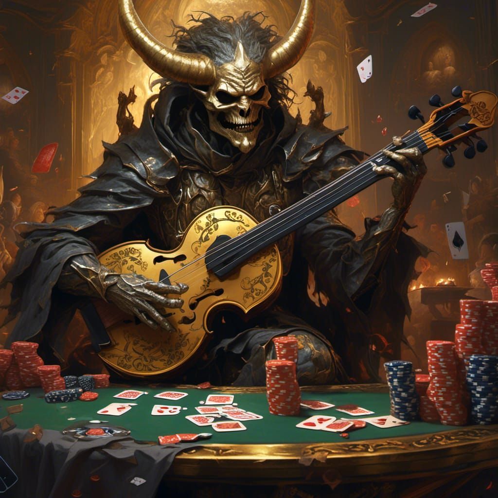 The Devil playing a golden fiddle next to a poker table, with souls as ...