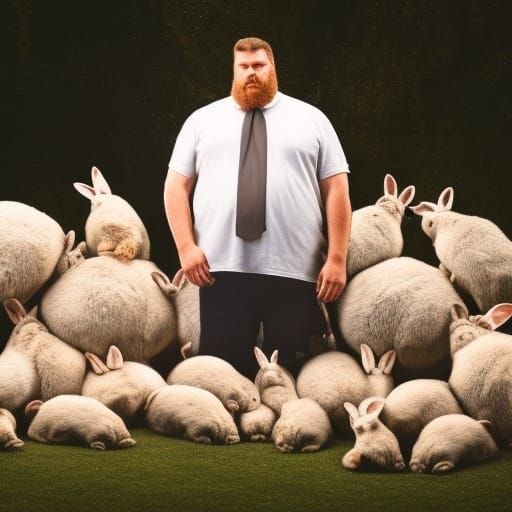 A very large man next to a pile of rabbits - AI Generated Artwork ...