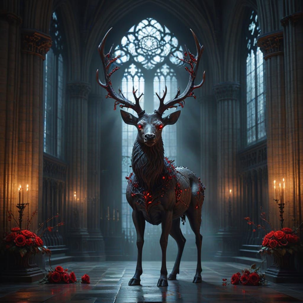 Evil Demon Deer in Gothic Cathedral Watercolor - AI Art