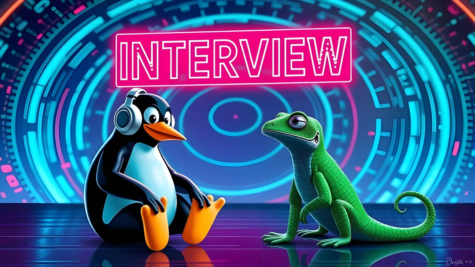 Cyberpunk Penguin Interviews Gecko in Futuristic D... - AI Art