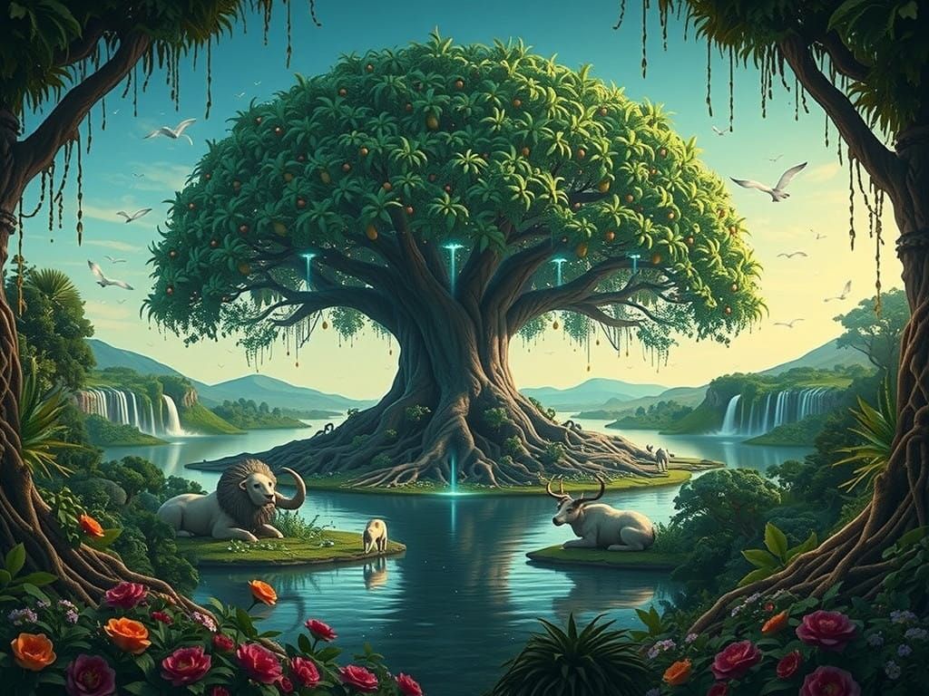 Surreal Landscape of Eden with Majestic Tree of Li... - AI Art